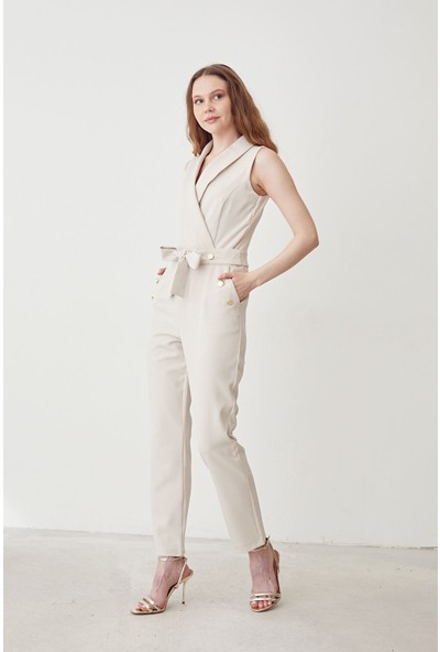 Lime Moda Sıfır Kol Bağlamalı Tulum-Taş