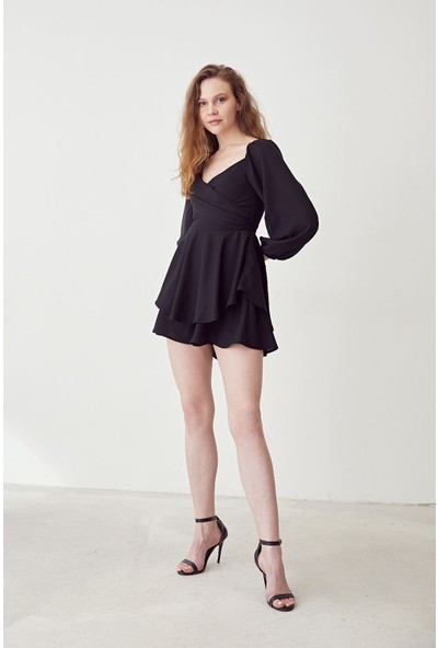 Lime Moda Şifon Şort Tulum-Siyah