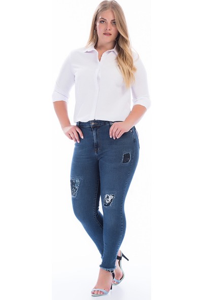 Nocna Fashion Büyük Beden Kadın Kot Pantolon Mavi 49108