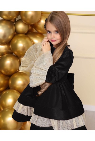 Hersey Bebek Kız Çocuk Kadife Sırt Detaylı Özel Gün Elbise