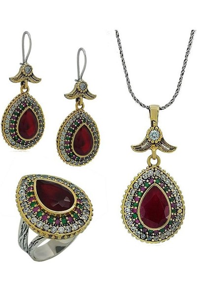 Yakut Taşlı Hürrem Sultan Seti Damla Gümüş хюррем Üçlü Bayan Takı