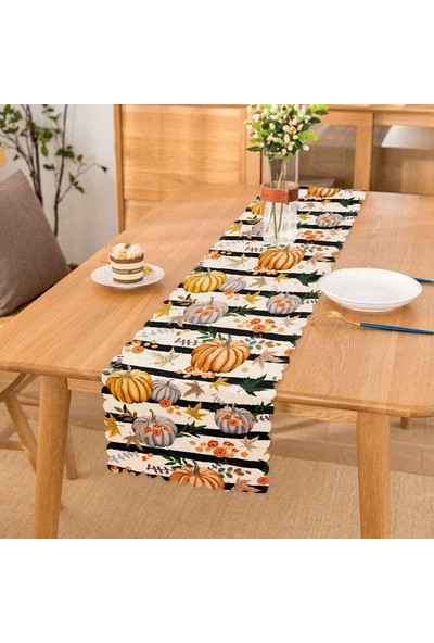 RealHomes Beyaz Zemin Üzerinde Siyah Çizgili Bal Kabağı Desenli Dijital Baskılı Modern Runner