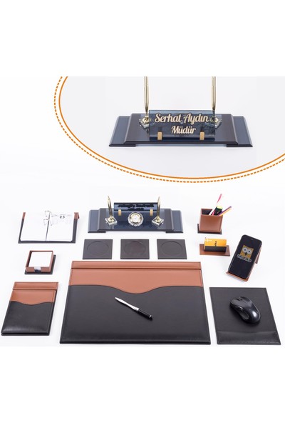 Ofistike 11 Parça Siyah Taba Lüks Sümen Takımı Elit Isimlik Lüks Sümen Seti