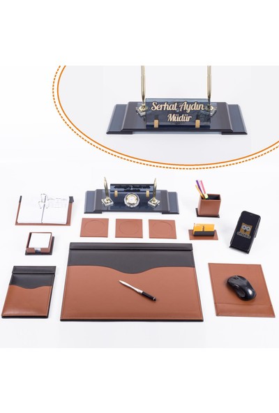 Ofistike 11 Parça Taba Siyah Lüks Sümen Takımı Elit Isimlik Lüks Sümen Seti