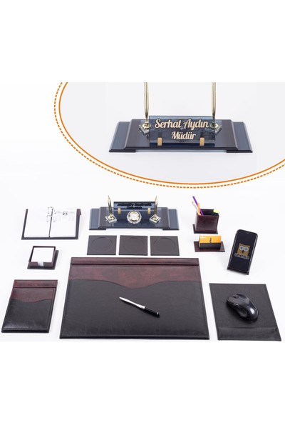 Ofistike 11 Parça Siyah Bordo Lüks Sümen Takımı Elit Isimlik Lüks Sümen Seti