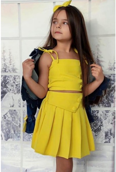 Riccotarz Kız Çocuk Önü Düğmeli Kot Ceketli ve Ip Askılı 4lü Sarı Etekli Takım