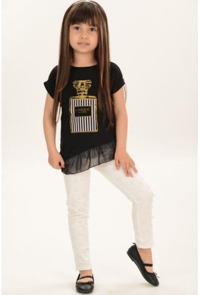 Riccotarz Kız Çocuk New Unique Baskılı ve Inci Detaylı Beyaz Pantolonlu Alt Üst Takım