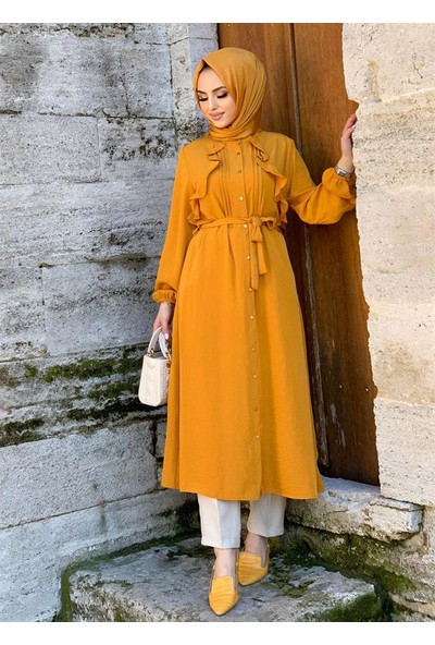 Embay Kadın Hardal Fırfır Yaka Uzun Giyçık Tunik