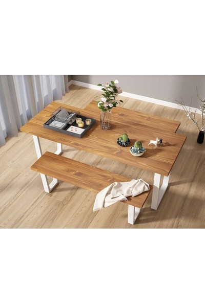 Woodesk Sakız Masif Tik Renk 140x70 Çift Banklı Masa Takımı CPT7066-140