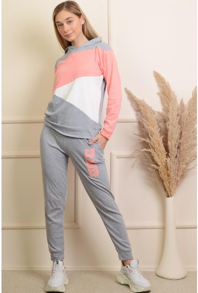 Pınkmark Kadın Gri Pudra Kapişonlu Eşofman Takımı PMTK25430