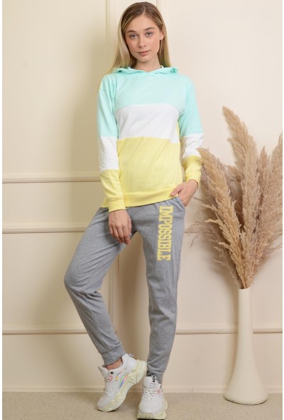 Pınkmark Kadın Gri Sarı Kapişonlu Eşofman Takımı PMTK25431