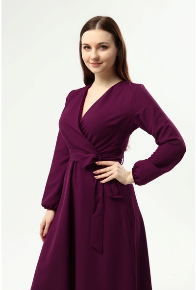 Apsen Kadın Bağlama Detaylı Kruvaze Yaka Midi Boy Elbise 4338/110