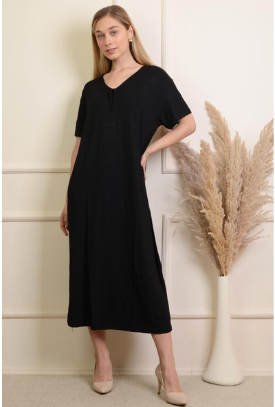 Pınkmark Kadın Siyah V Yakalı Büyük Beden Salaş Elbise PMEL25443 Pınkmark Kadın Siyah V Yakalı Büyük Beden Salaş Elbise PMEL25443