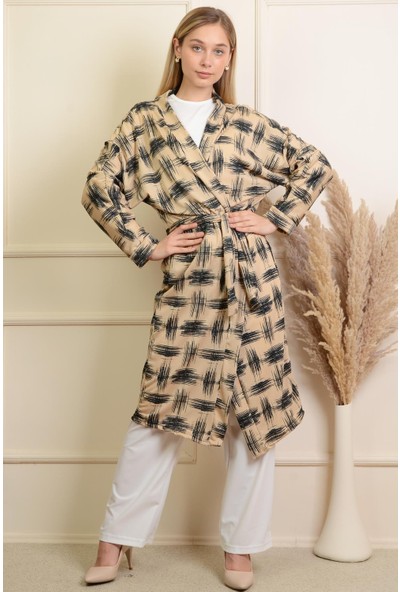 Pınkmark Kadın Bej Fırça Desenli Tesettür Kimono PMCK25423