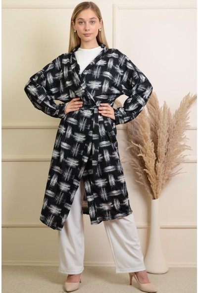 Pınkmark Kadın Siyah Fırça Desenli Tesettür Kimono PMCK25424