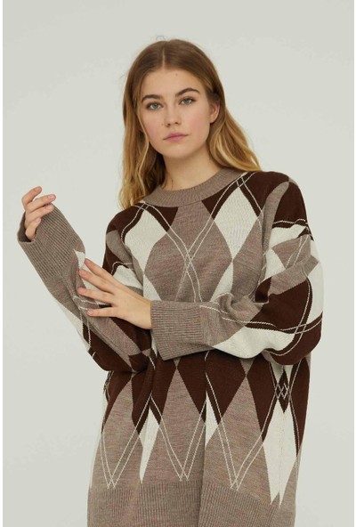 Manuka Baklava Desenli Kazak Kahve