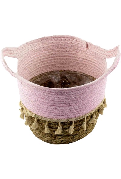 Bitki Tasarımı Pembe Şeritli Püsküllü Hasır Sepet Küçük 25 cm Bitki Tasarımı Pembe Şeritli Püsküllü Hasır Sepet Küçük 25 cm