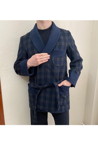 Erkek Ekose Yün Kaşe Robdöşambr (Lacivert)
