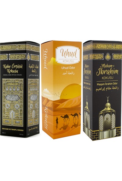 Esved Kabe Örtüsü Kokusu + Uhud Kokusu + Makamı Ibrahim Kokusu Sprey 400 ml x 4 Esved Kabe Örtüsü Kokusu + Uhud Kokusu + Makamı Ibrahim Kokusu Sprey 400 ml x 4