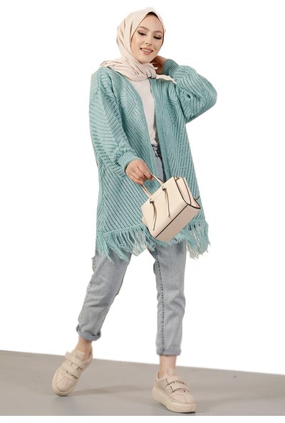 İlkimay Püsküllü Salaş Tesettür Triko Hırka 166 - Mint İlkimay Püsküllü Salaş Tesettür Triko Hırka 166 - Mint
