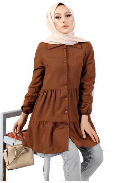 Bestenur Katlı Büzgü Detay Salaş Gömlek 178 - Kahve
