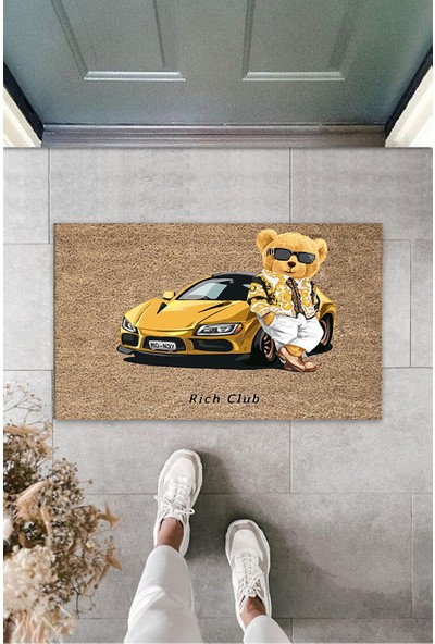 Silkcoat Home Dekoratif Dijital Arabalı Ayıcık Bej Kapı Paspası Dış Mekan Paspas PS1017