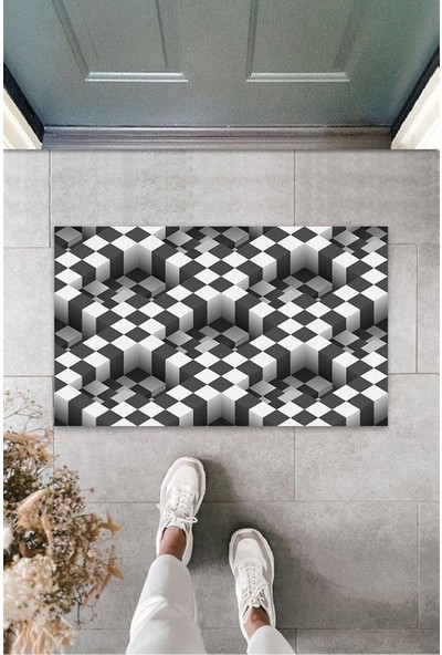 Silkcoat Home Dijital 3D Kare Siyah-Beyaz Kapı Paspası Dış Mekan Paspas PS1006 Silkcoat Home Dijital 3D Kare Siyah-Beyaz Kapı Paspası Dış Mekan Paspas PS1006