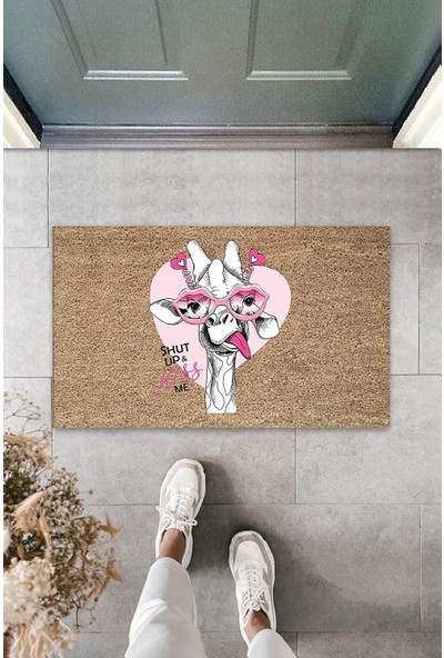 Dijital Baskı Kahverengi Gözlüklü Zürafa Paspas PS1140