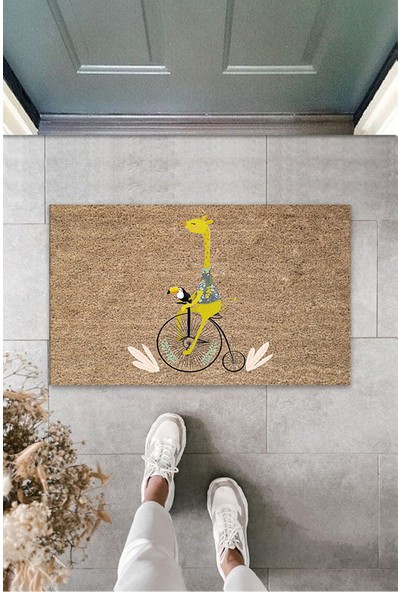Silkcoat Home Dijital Baskı Kahverengi Bisikletli Zürafa Paspas PS1113