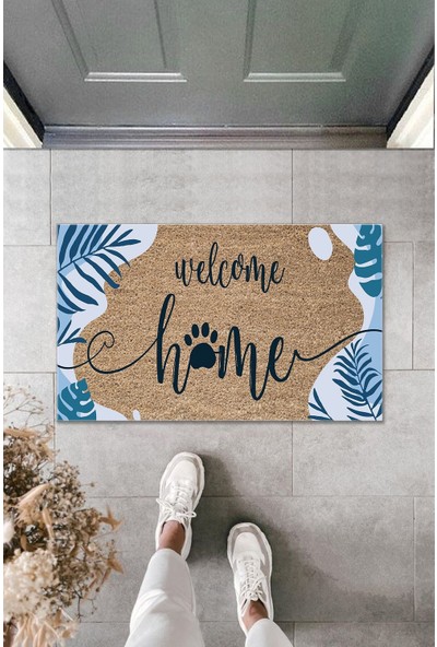 Silkcoat Home Dijital Baskı Kahverengi Mavi Yapraklı Welcome Home Dekoratif Kapı Paspası PS1300 Silkcoat Home Dijital Baskı Kahverengi Mavi Yapraklı Welcome Home Dekoratif Kapı Paspası PS1300