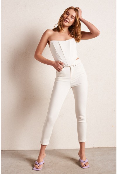 Ekru Skinny Fit Denim Pantolon