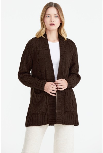 Sementa Kadın Saç Örgü Triko Ceket - Kahve