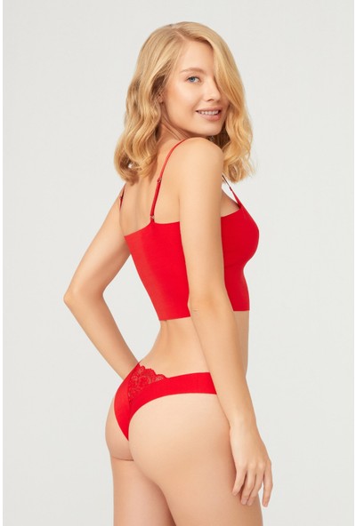 COTTONHILL Kırmızı Önü ve Arkası Dantel Detaylı Kadın Brezilya Külot