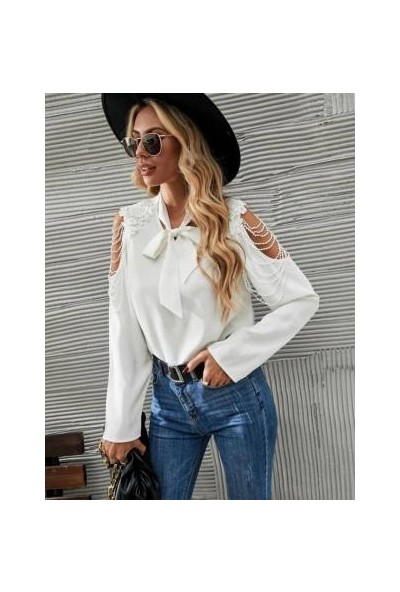 Dantelli Apoletli Bluz Beyaz