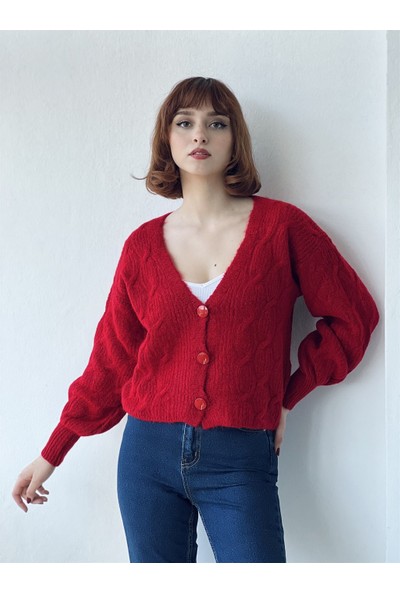 Retrobird Selanik Desenli Örgü Hırka Kadın Kırmızı