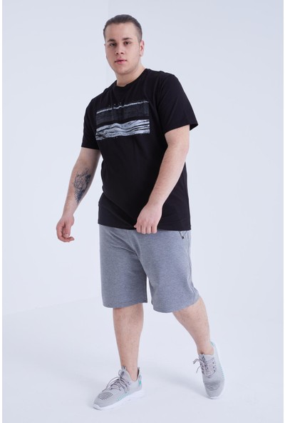 Tommy Life Siyah Yazı Baskılı O Yaka Erkek Büyük Beden T-Shirt - 88073