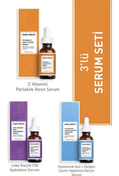 Maru.Derm Maruderm 3'lü Fırsat Serum Seti - Leke Serumu, Hyalüronik Asit Serum, C Vitamini Serumu Maru.Derm Maruderm 3'lü Fırsat Serum Seti - Leke Serumu, Hyalüronik Asit Serum, C Vitamini Serumu