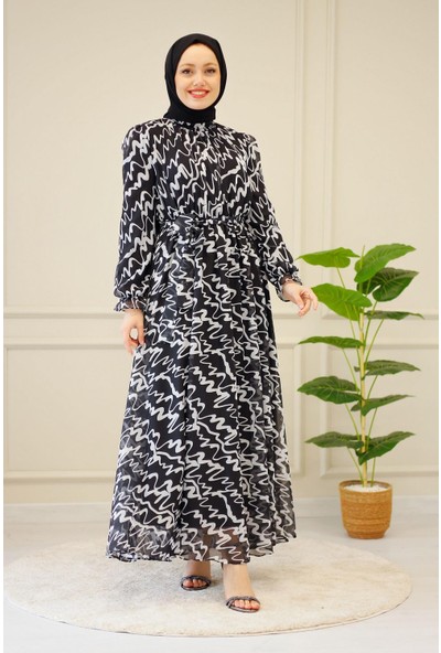 Desenli Kuşaklı Elbise - Siyah