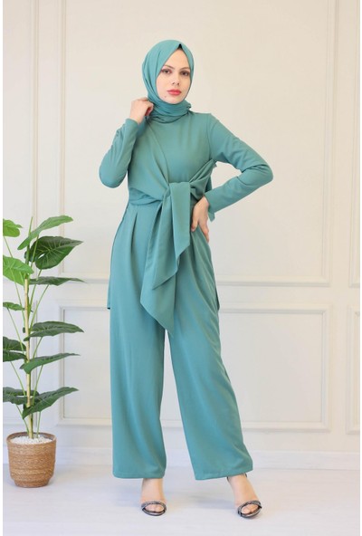 Kuşak Detaylı Krep Kumaş Tulum - Mint Kuşak Detaylı Krep Kumaş Tulum - Mint