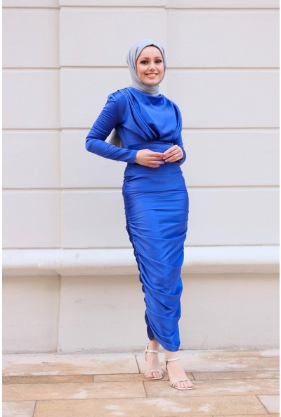 Saten Kumaş Drapeli Abiye - Saks