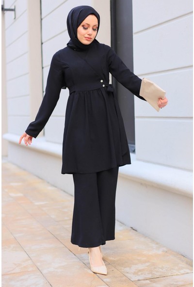Yandan Bağlamalı Krep Kumaş Takım - Siyah