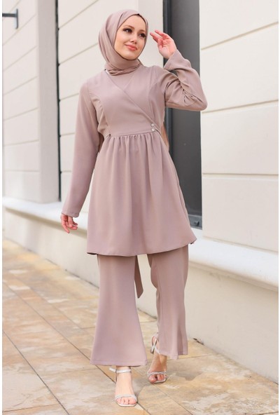 Yandan Bağlamalı Krep Kumaş Takım - Vizon Yandan Bağlamalı Krep Kumaş Takım - Vizon