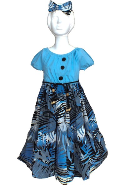 Kız Çocuk Düğme Detaylı Bandanalı Elbise / %100 Pamuk / 5-8 Yaş