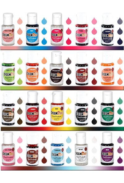 Deembro Sıvı Gıda Boyası Seti 20'li 20 Renk 10 ml x 20'li Su Bazlı Likit Gıda Boyaları Deembro Sıvı Gıda Boyası Seti 20'li 20 Renk 10 ml x 20'li Su Bazlı Likit Gıda Boyaları