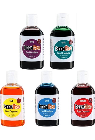 Deembro Sıvı Gıda Boyası Seti 5'li 5 Renk 50 ml Kırmızı Mavi Mor Sarı Yeşil Deembro Sıvı Gıda Boyası Seti 5'li 5 Renk 50 ml Kırmızı Mavi Mor Sarı Yeşil
