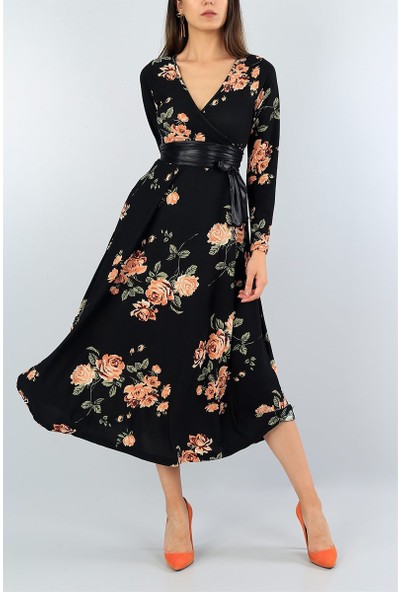 Siyah Kadın Siyah-Pudra Kalın Kuşaklı Kruvaze Yaka Çiçek Desenli Krep Elbise - GİY00088