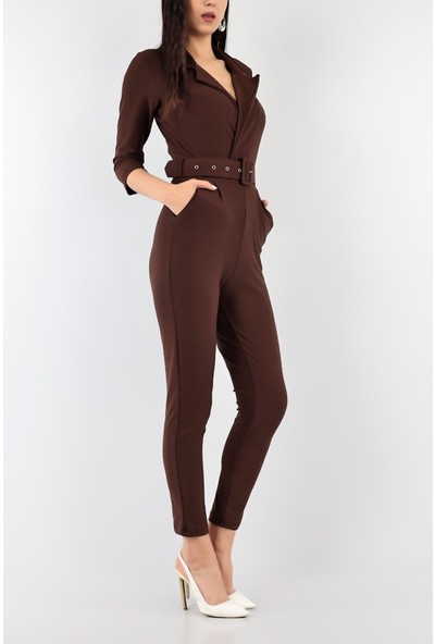 Siyah Kadın Kahverengi Kemerli Fakir Kol Kruvaze Yaka Tulum - GİY00077