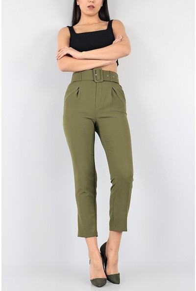 Siyah Kadın Haki Kemerli Atlas Dabıl Kumaş Havuç Pantolon - GİY00089