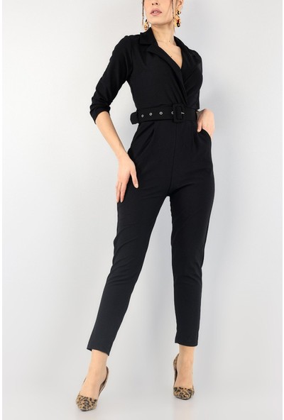 Siyah Kadın Siyah Kemerli Fakir Kol Kruvaze Yaka Tulum - GİY00077