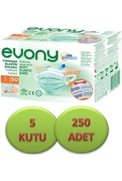 Evony 3 Katlı Filtreli Burun Telli Cerrahi Maske 250 Li Set (Yumuşak Elastik Kulaklı) Evony 3 Katlı Filtreli Burun Telli Cerrahi Maske 250 Li Set (Yumuşak Elastik Kulaklı)